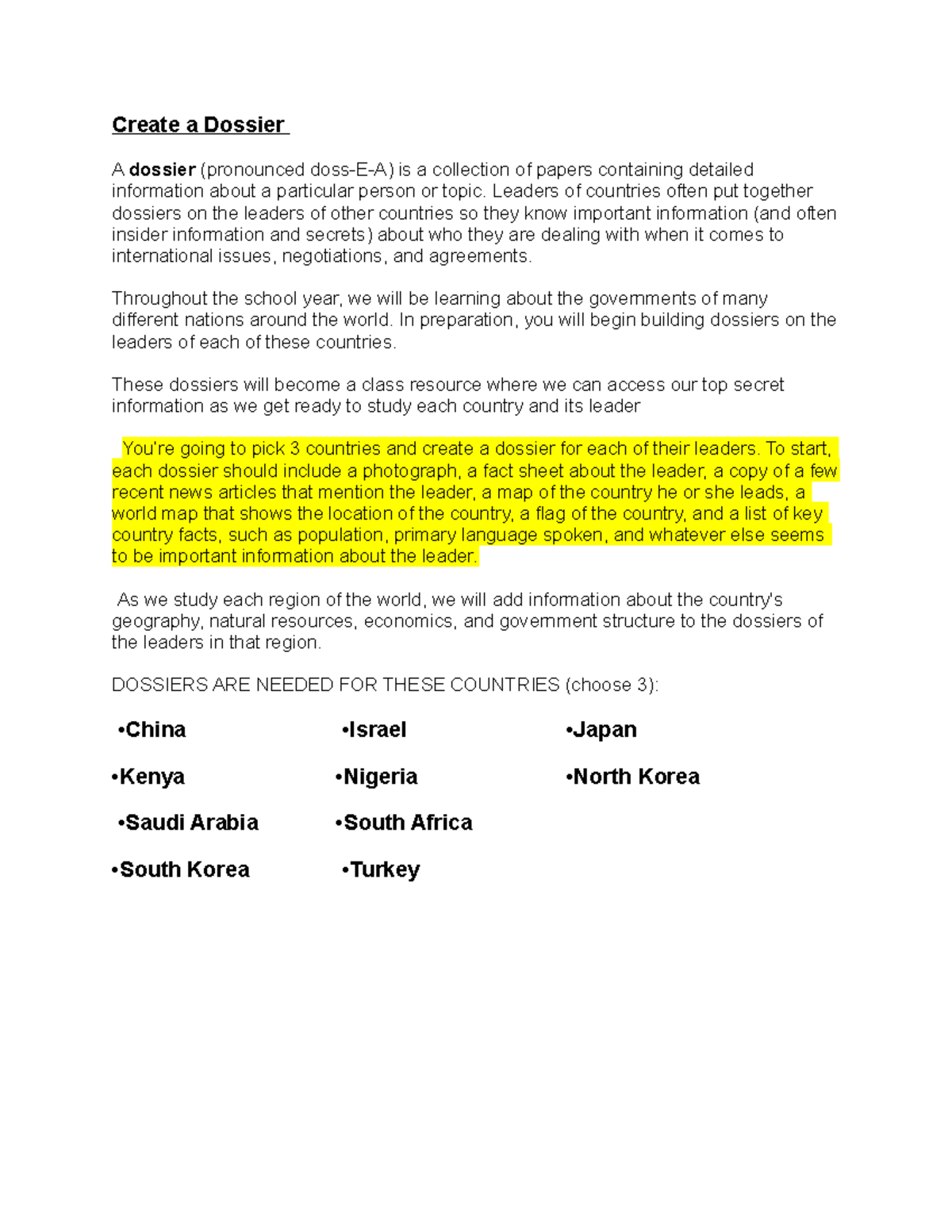 Create a Dossier Assignment - Create a Dossier A dossier (pronounced ...