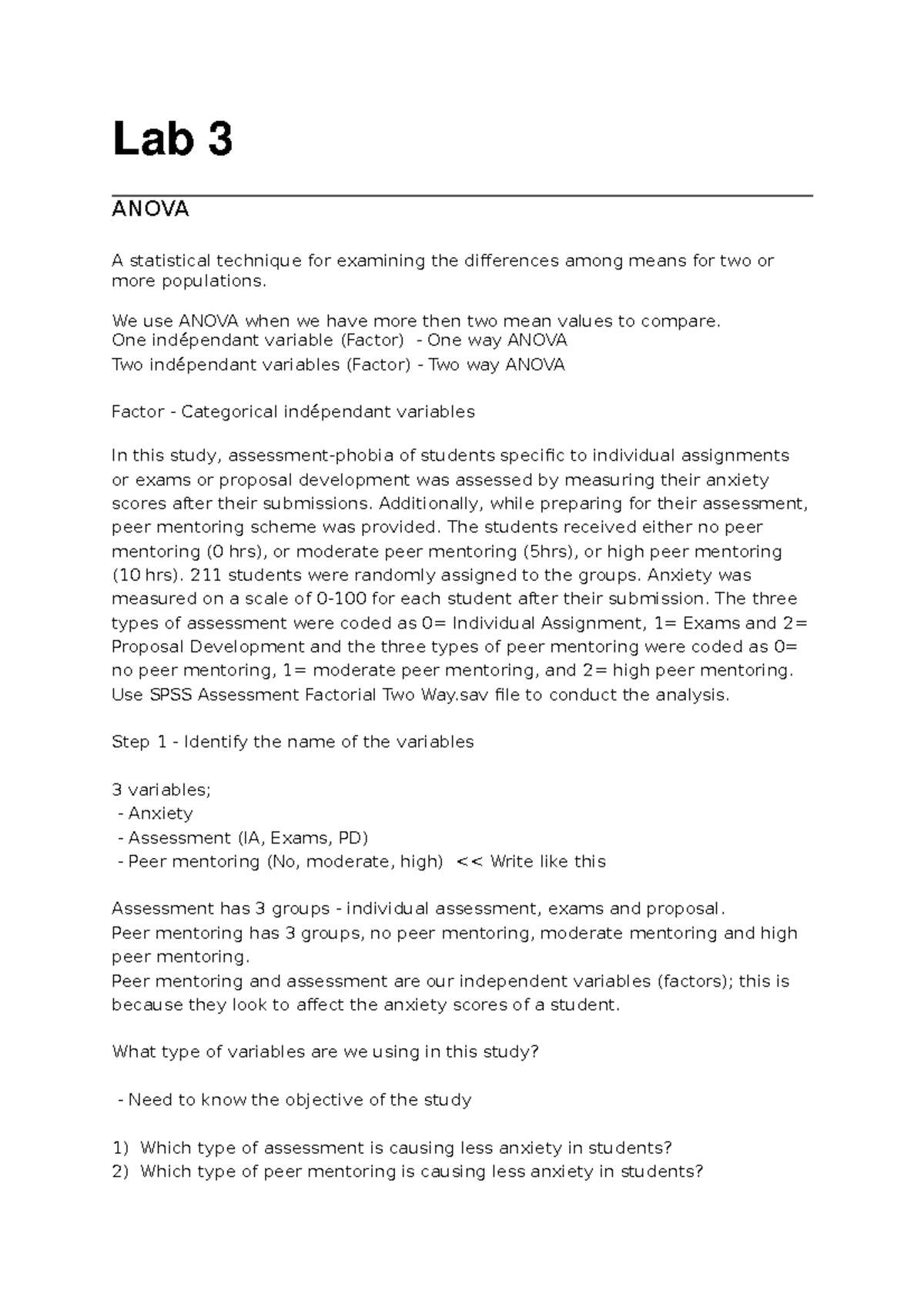 ANOVA computer lab - Lab 3 ANOVA A statistical technique for examining the differences among ...