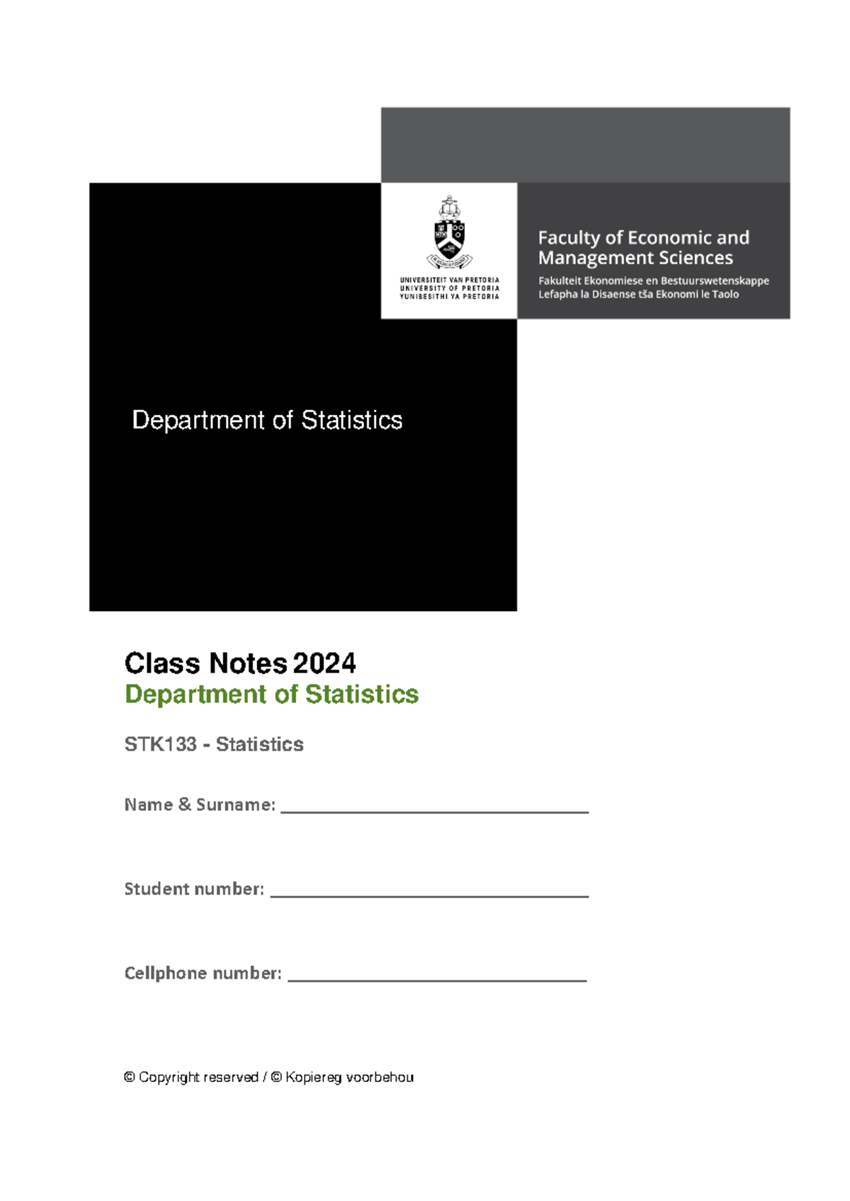 STK133 - Class Notes Book - 2024 - Class Notes 2024 Department of ...
