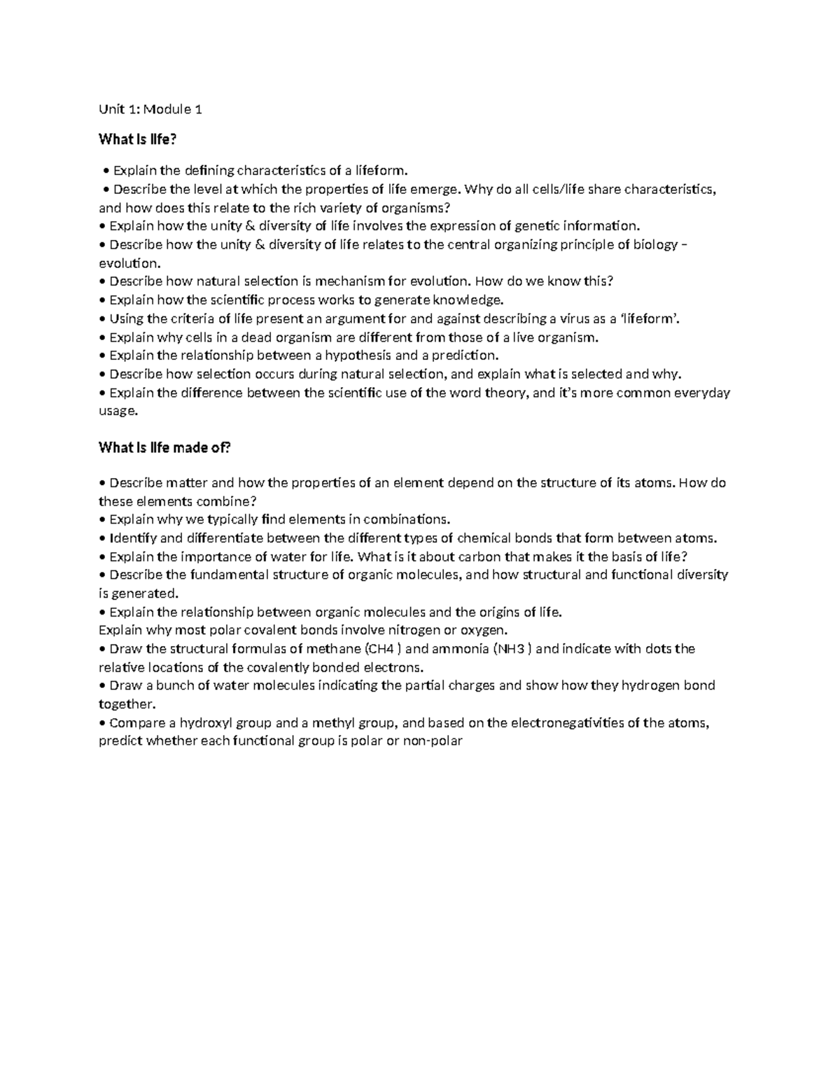 Unit 1 Learning Outcomes - Unit 1: Module 1 What is life? - Explain the ...