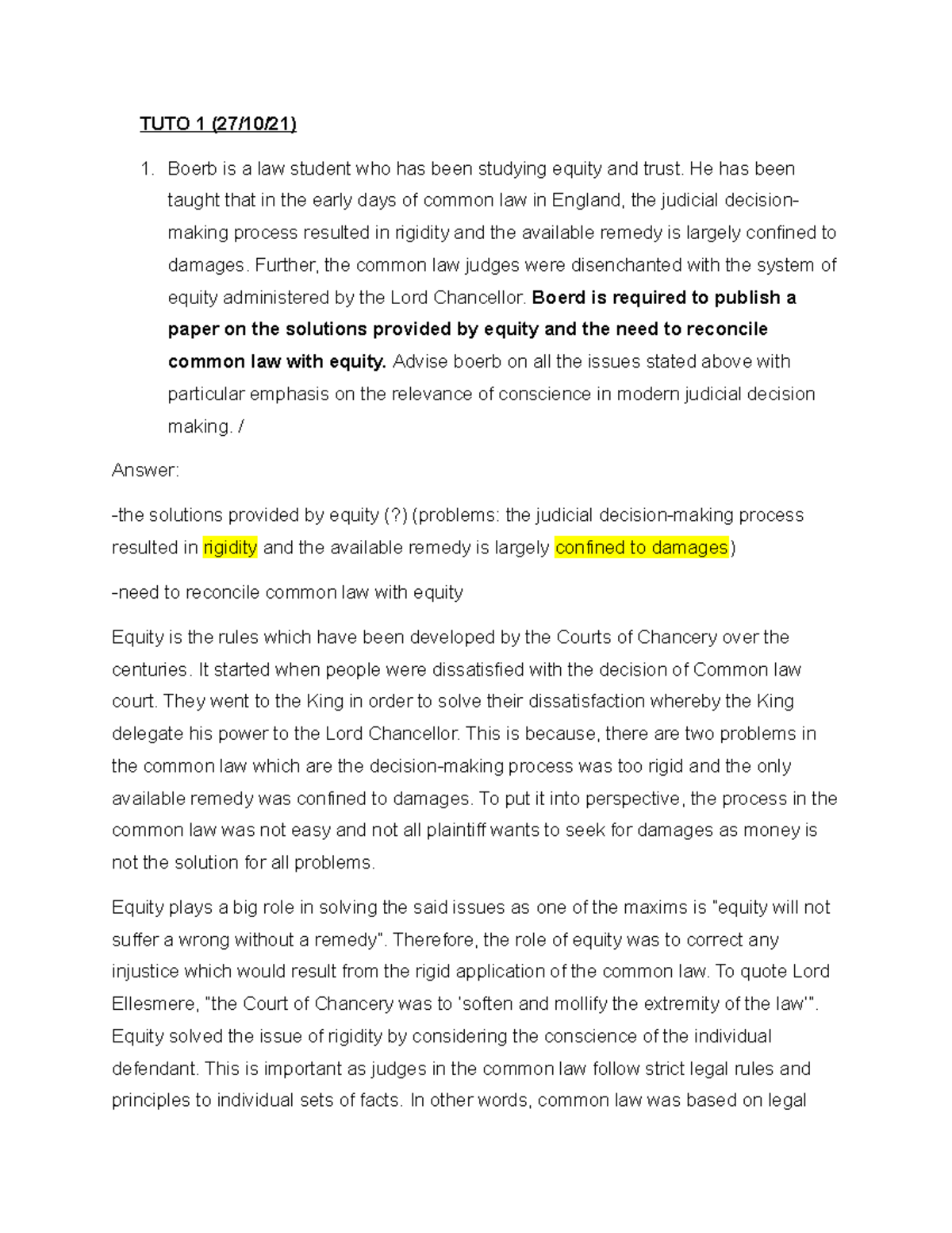 Tuto equity - Tutorial question and answer. Goodluck! - TUTO 1 (27/10 ...