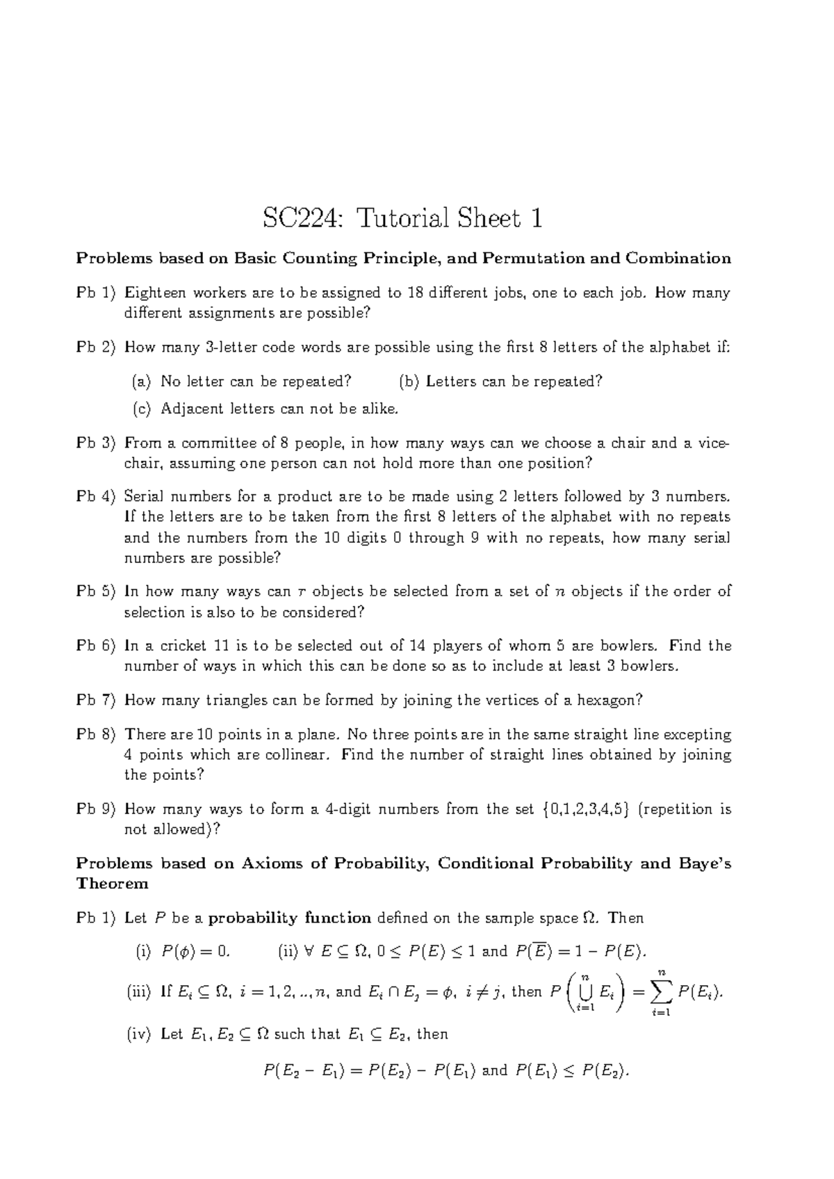 Tutorial Sheet 1 - problems - SC224: Tutorial Sheet 1 Problems based on Basic Counting Principle ...