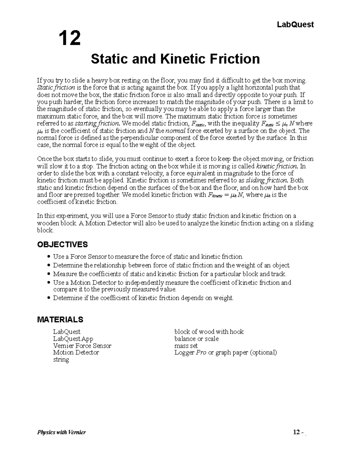 Static-kinetic-friction - LabQuest 12 Static and Kinetic Friction If ...