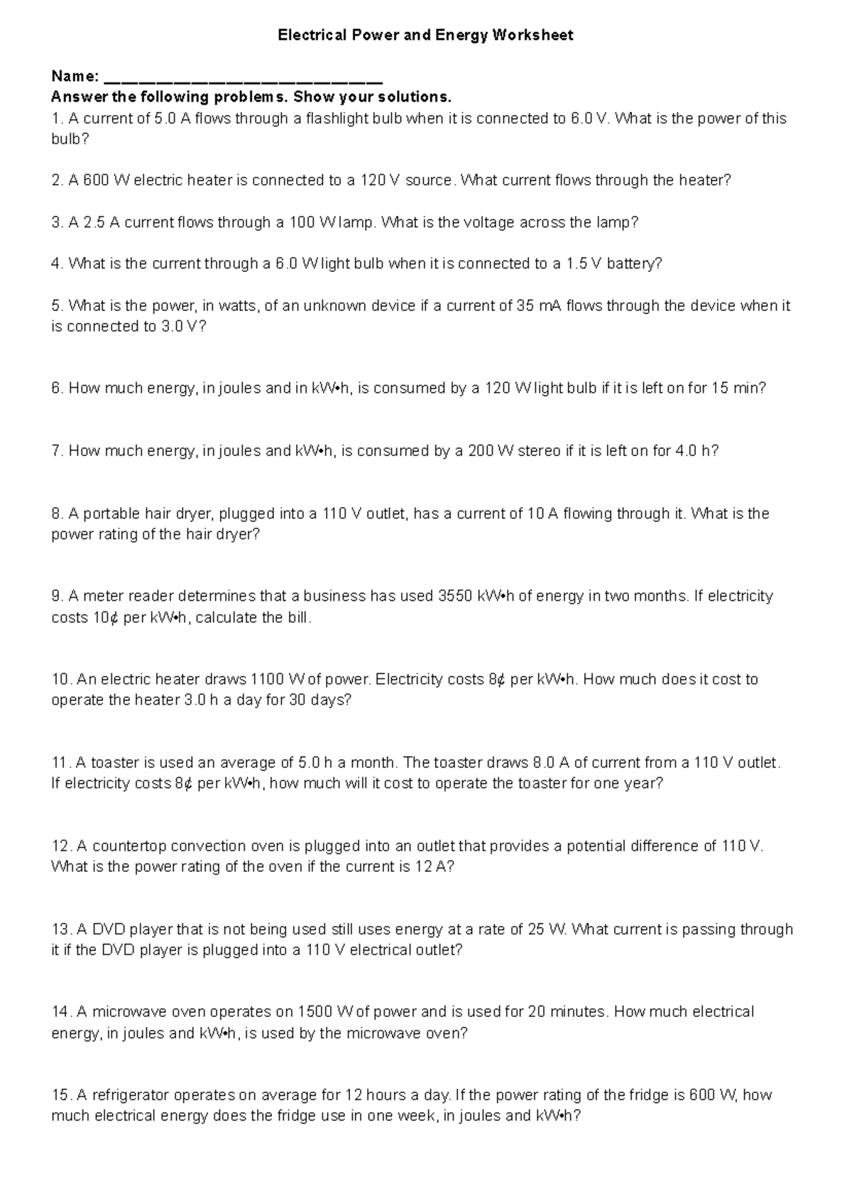 ELECTRICAL POWER IN A CIRCUIT WORKSHEET - Electrical Power and Energy ...