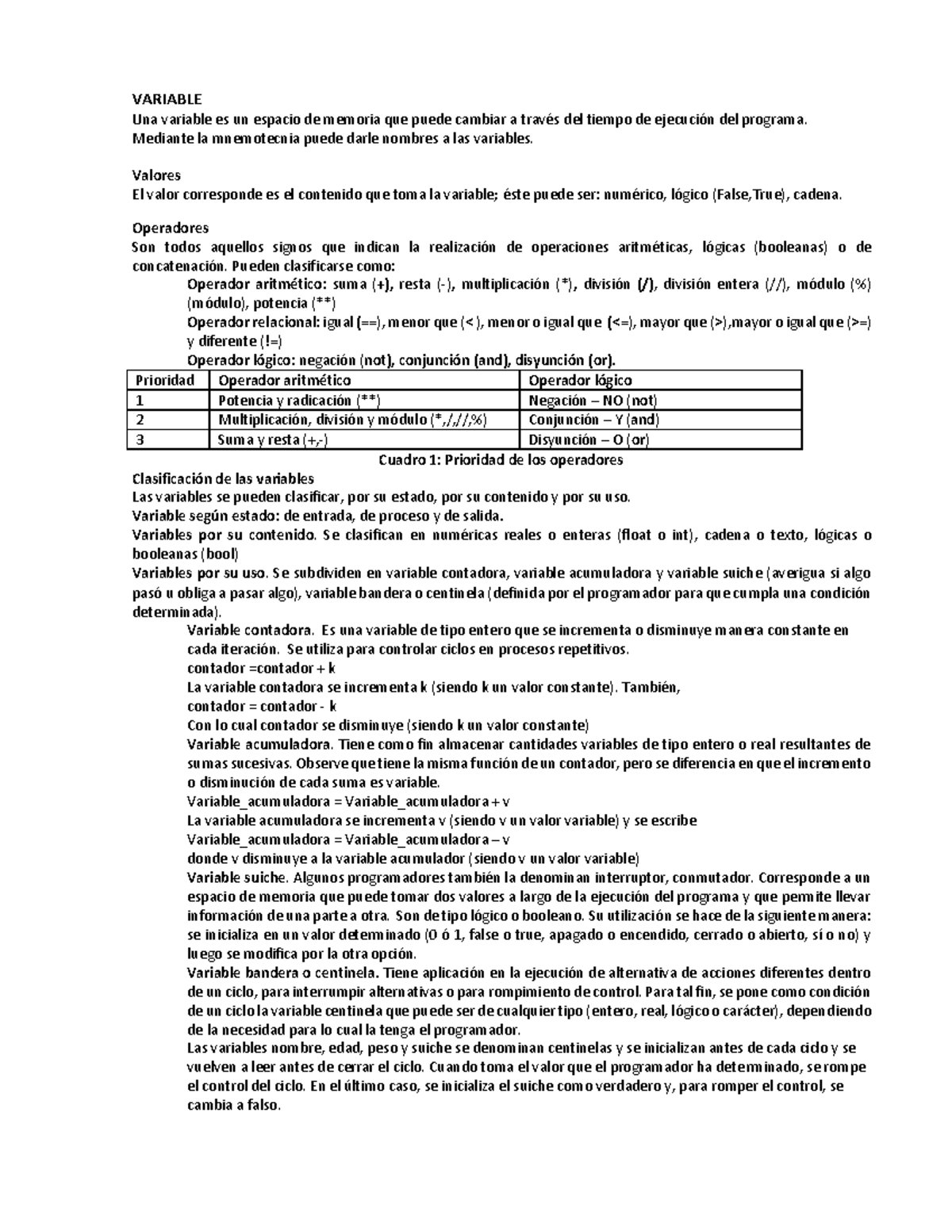 Conceptos Basicos - VARIABLE Una variable es un espacio de memoria que ...