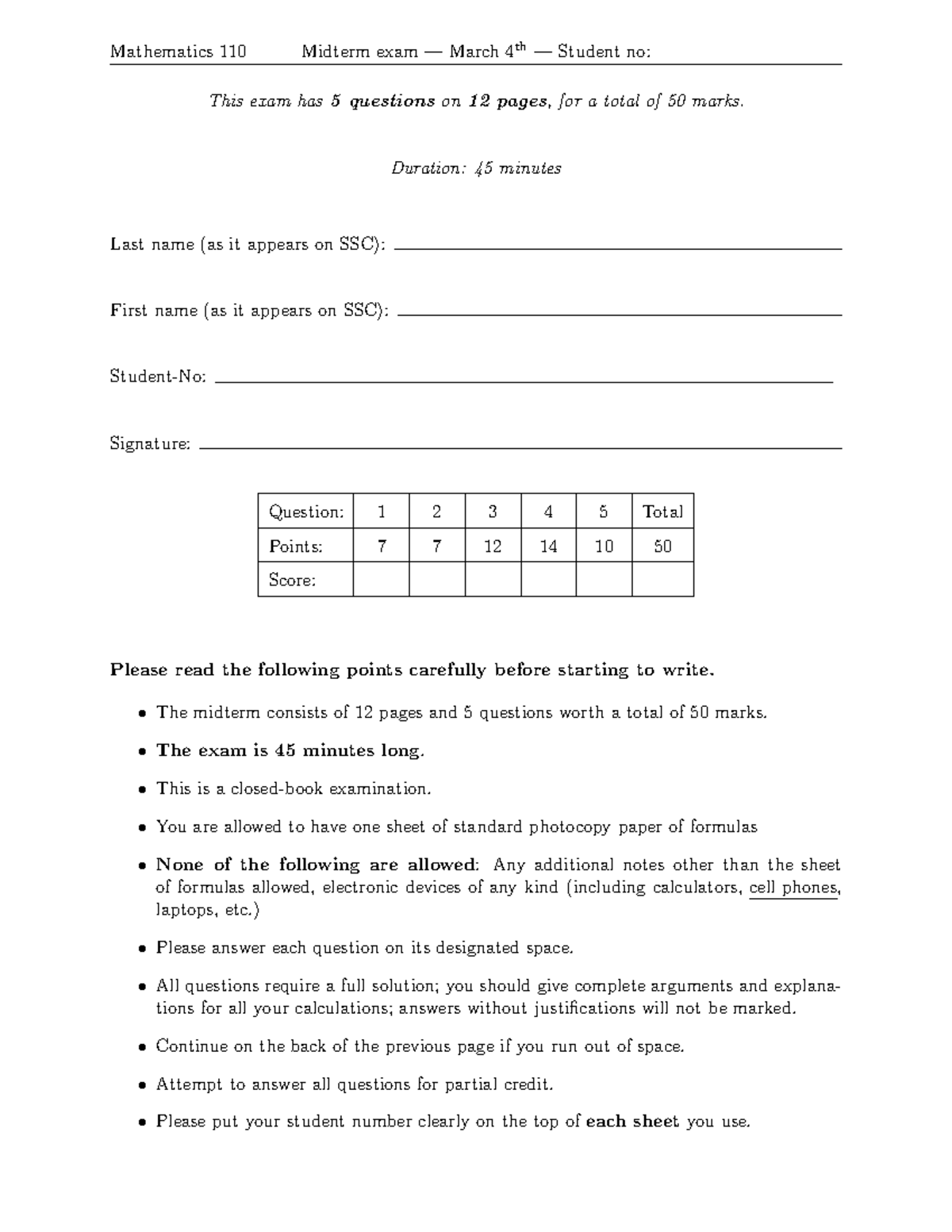 Math 110 Midterm 2 solution - This exam has5 questionson12 pages, for a ...