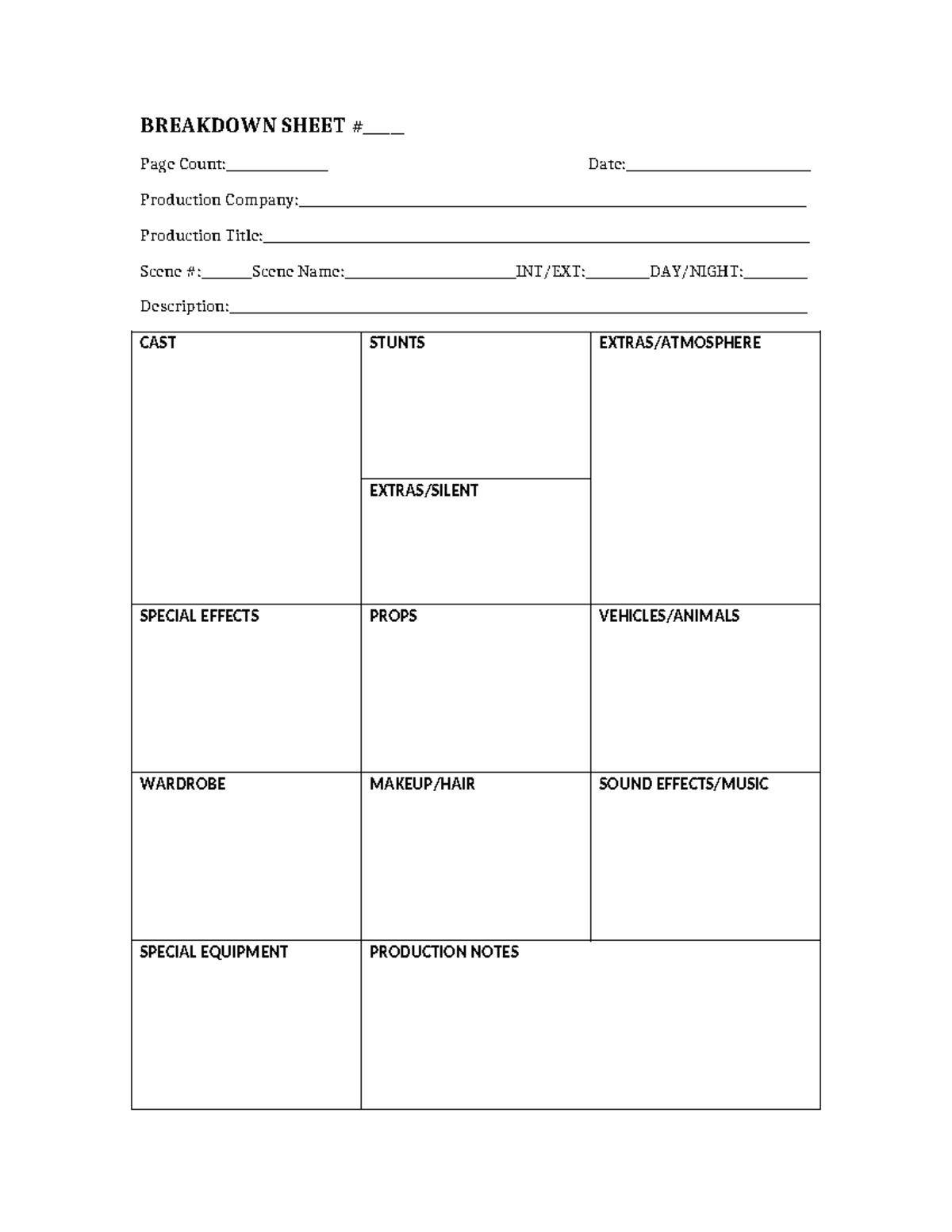 Breakdown Sheet Template - BREAKDOWN SHEET #______ Page Count ...