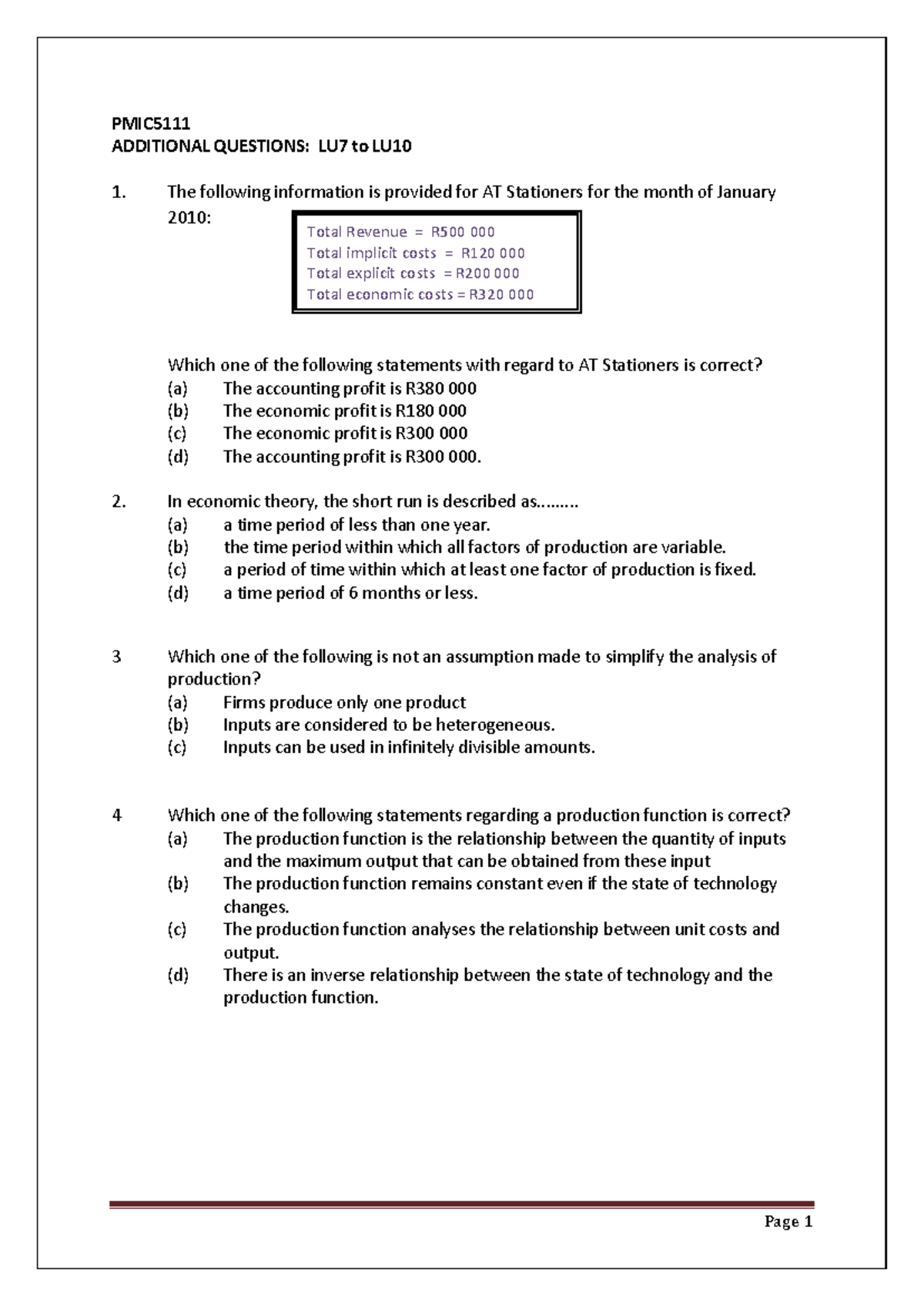 PMIC5111 AQs LU7 to LU10 - PMIC ADDITIONAL QUESTIONS: LU7 to LU 1. The following information is ...