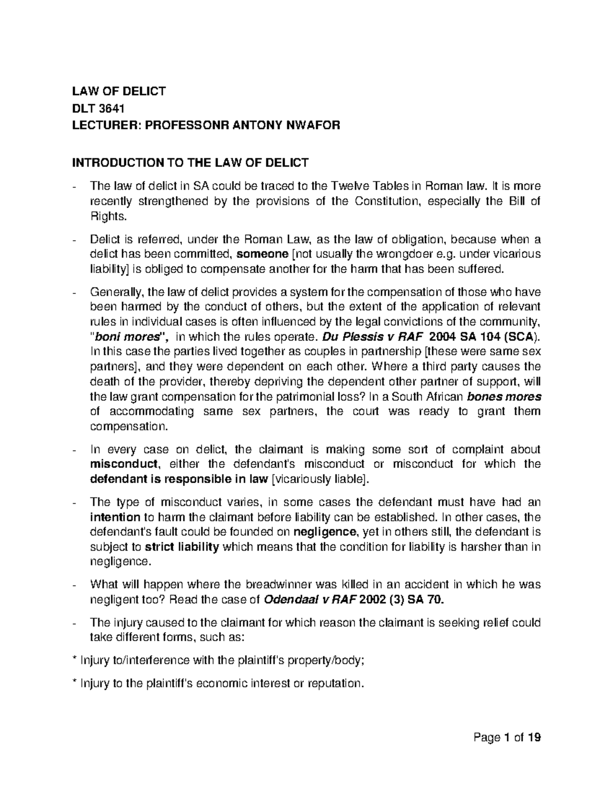 Law of Delict Notes Official - LAW OF DELICT DLT 3641 LECTURER ...