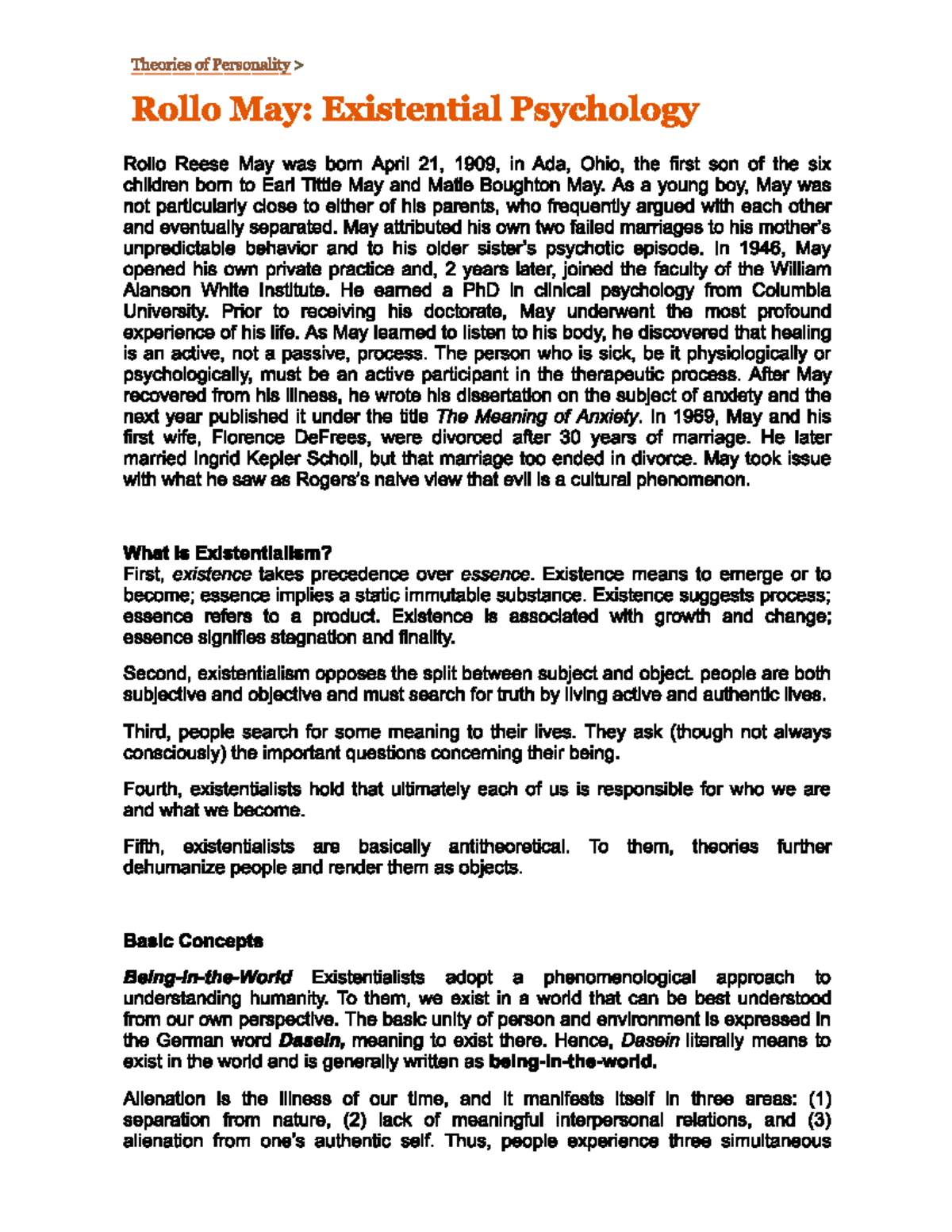 Existential Psychology - Theories of Personality - OLFU - Studocu