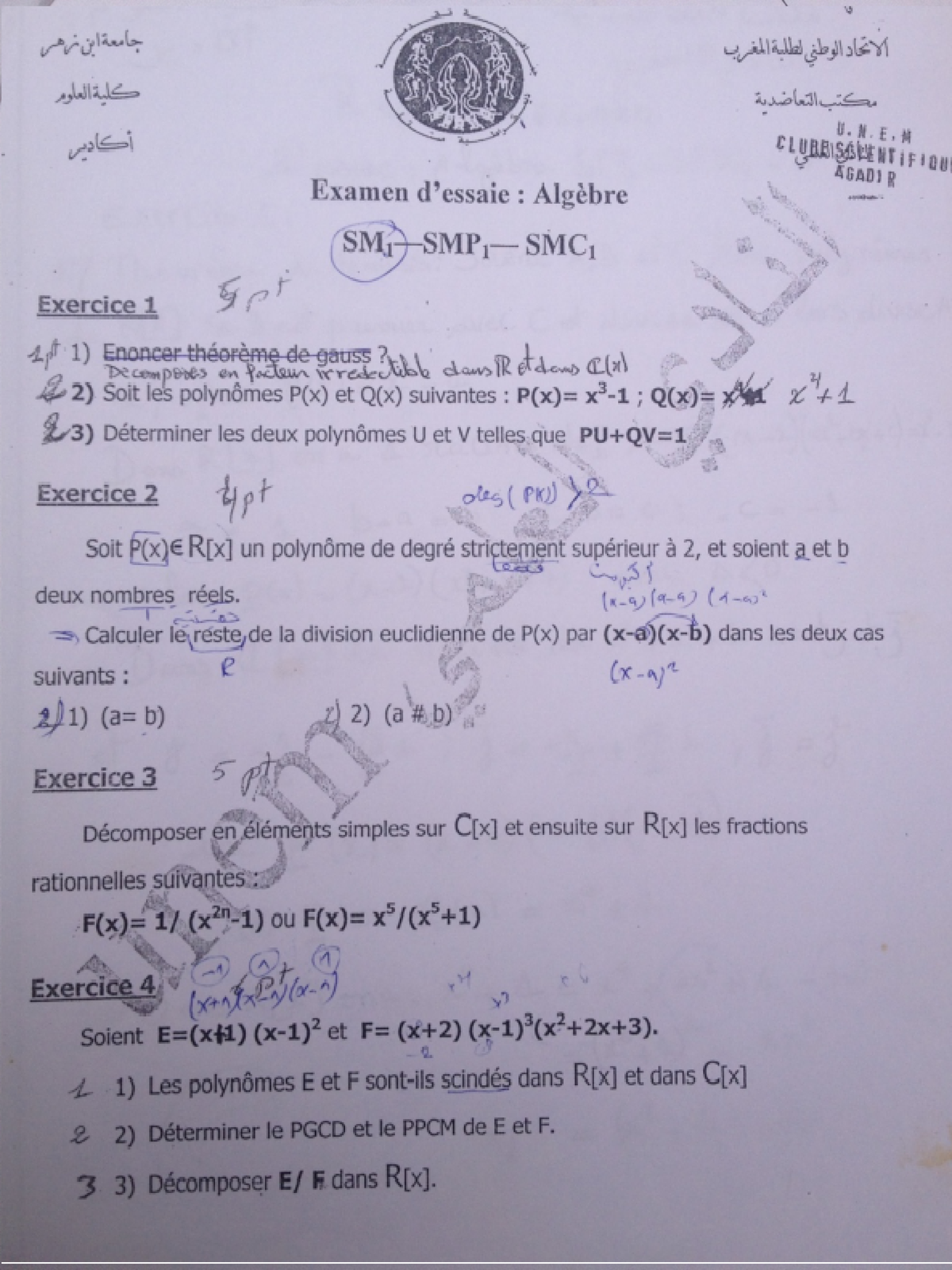 1 examens corriges d'algébre 1 - printing which wisi U.N.E AGADI R ...