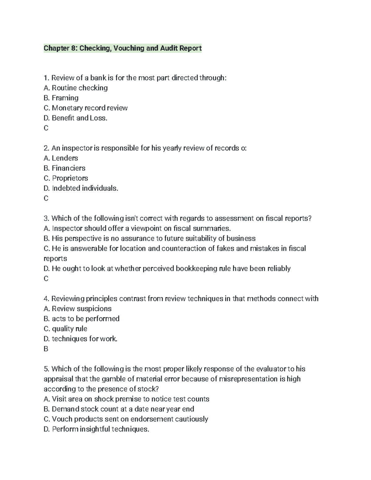 Chapter 8 Checking, Vouching and Audit Report - Routine checking B. Framing C. Monetary record ...