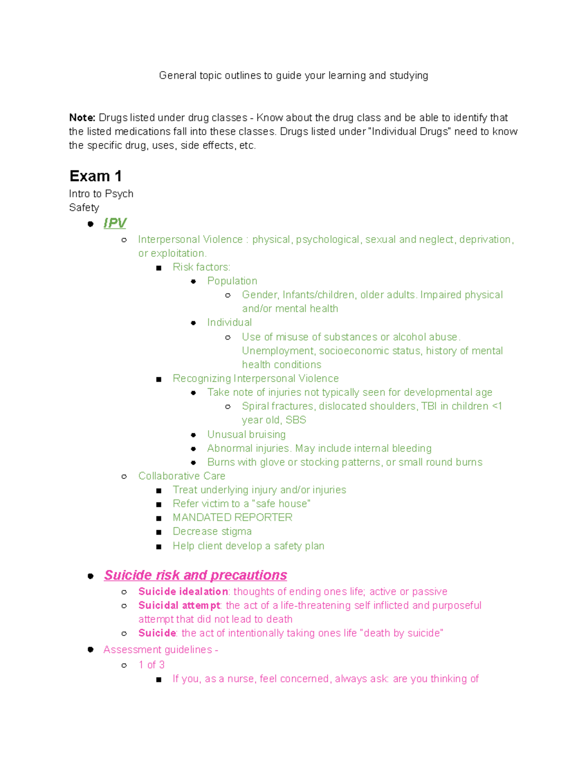Psych Mental Health Exam Topical Outline - General topic outlines to ...