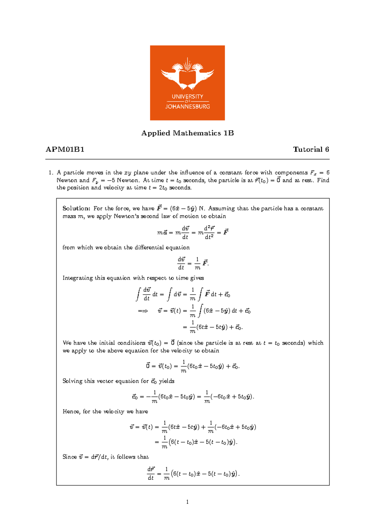 2024apm01a1 t06 solutions - Applied Mathematics 1B APM01B1 Tutorial 6 A particle moves in the xy ...