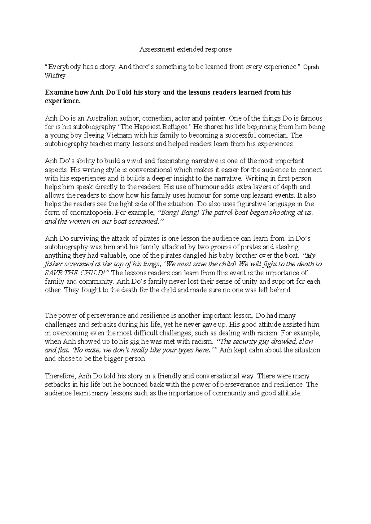 English assesment 23 - Assessment extended response “Everybody has a ...
