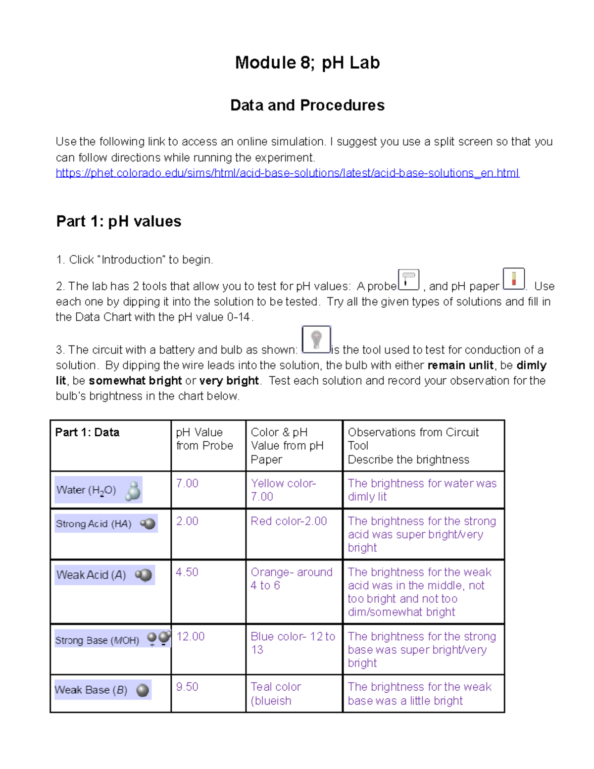 Module 8; p H Lab - Module 8; pH Lab Data and Procedures Use the following link to access an ...