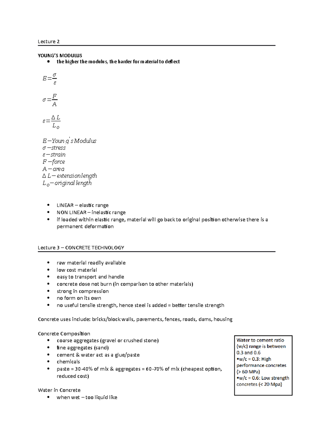 Summary Engineering Materials: Lectures 2-6 - Lecture 2 YOUNG’S MODULUS ...