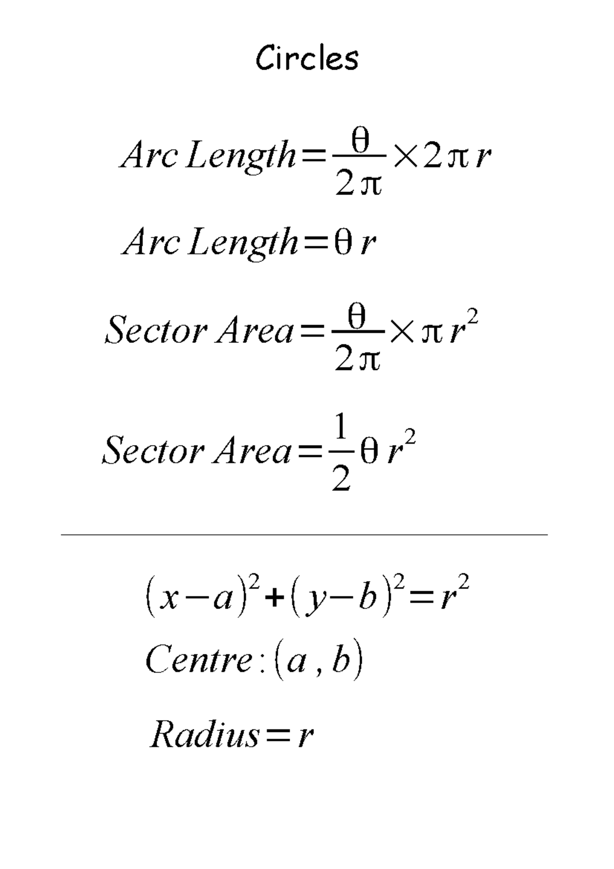 C2notes - iskaqowo - Arc Length = θ 2 π × 2 π r Arc Length =θ r Sector ...