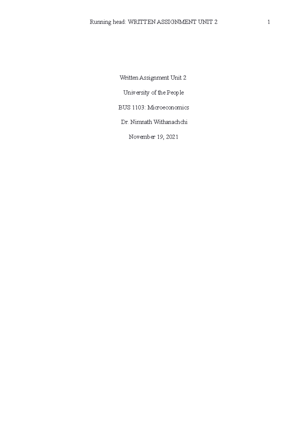 Written Assignment Unit 2 BUS 1103 - Running head: WRITTEN ASSIGNMENT UNIT 2 1 Written ...