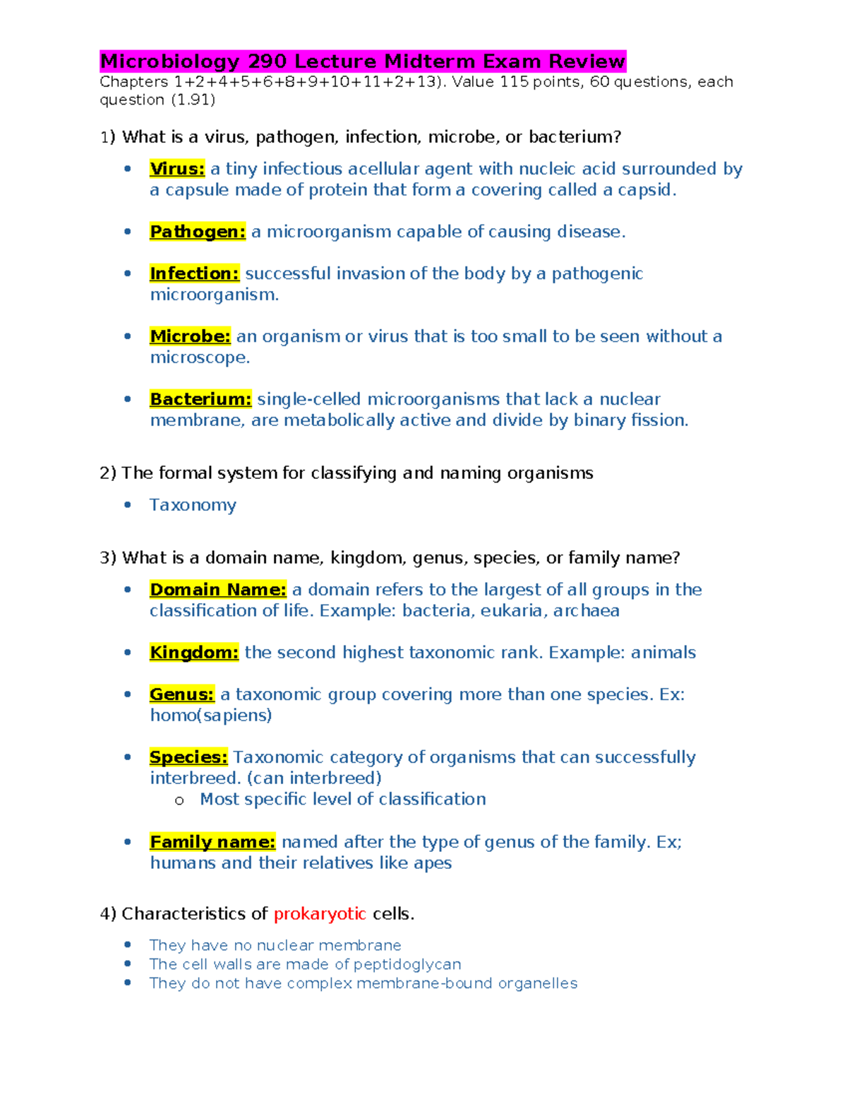 Microbiology 290 Lecture Midterm Exam Review - Value 115 points, 60 ...