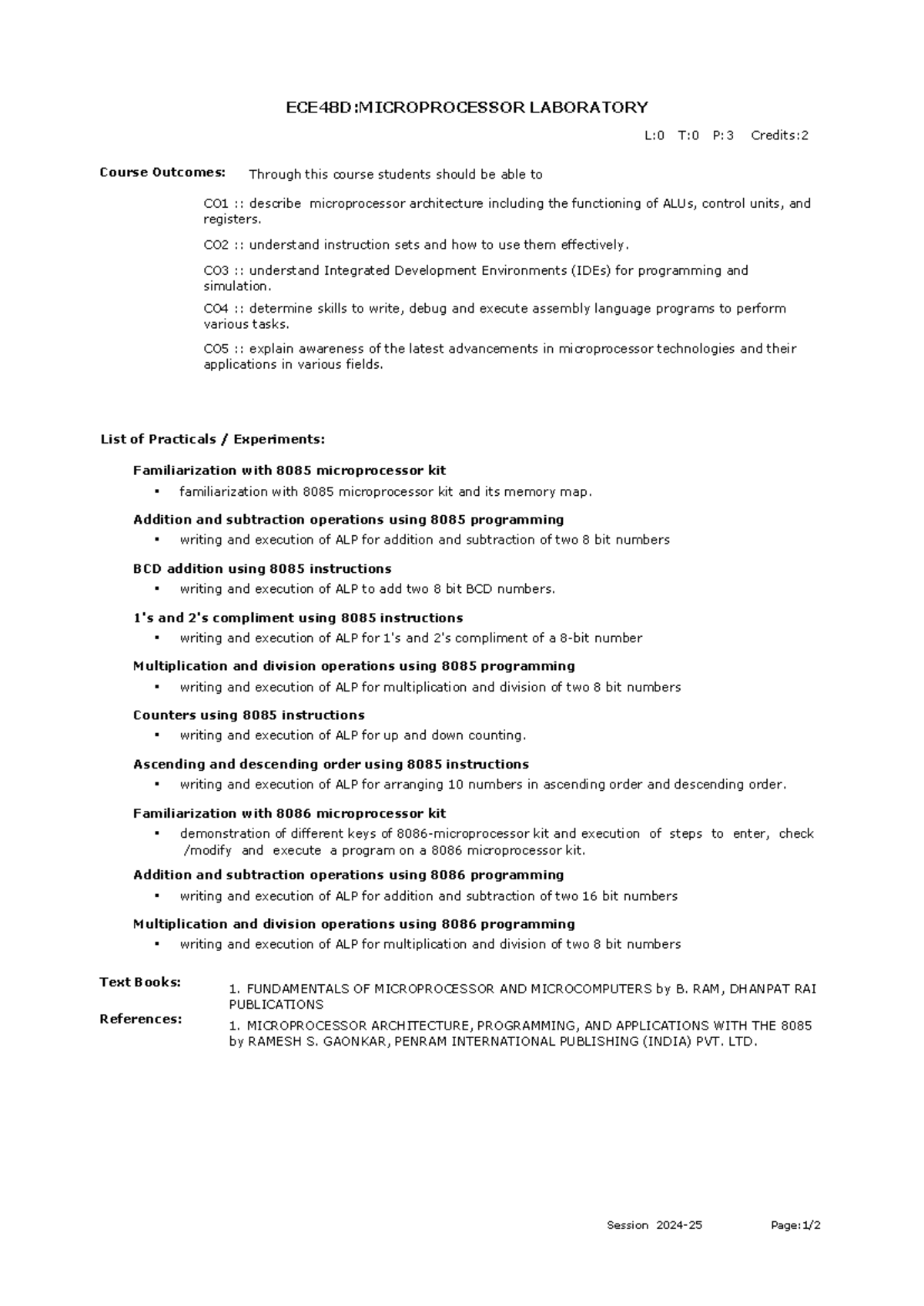 ECE48D - ECE48D:MICROPROCESSOR LABORATORY Course Outcomes: CO1 ...
