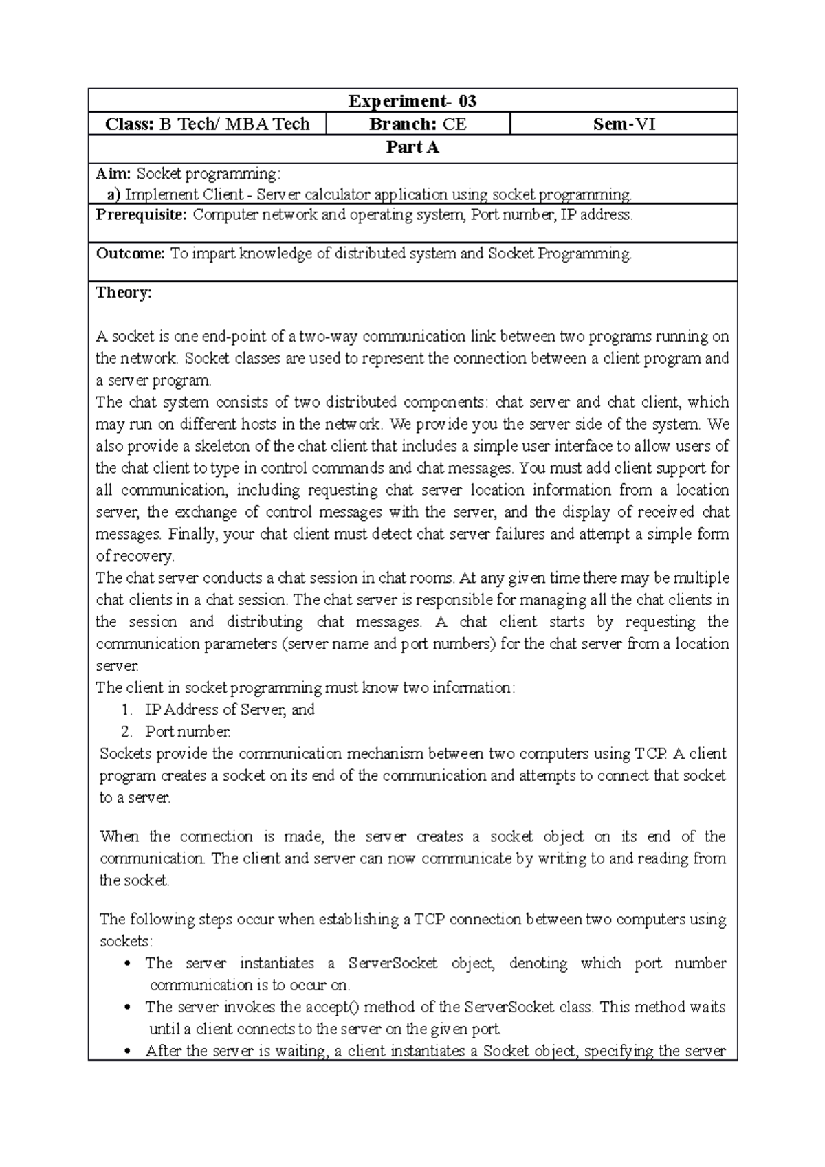 Exp 03(B240) - xyz - Experiment- 03 Class: B Tech/ MBA Tech Branch: CE Sem-VI Part A Aim: Socket ...
