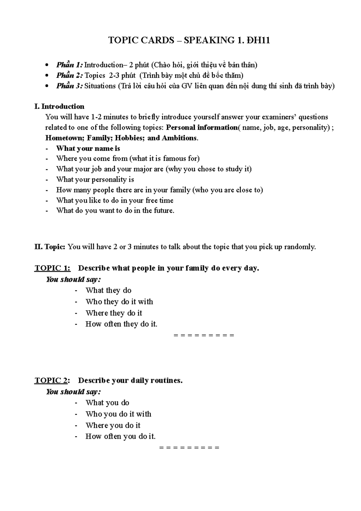 Topic CARD. Speaking 1.Nov 30-2021 - TOPIC CARDS – SPEAKING 1. ĐH Phần ...