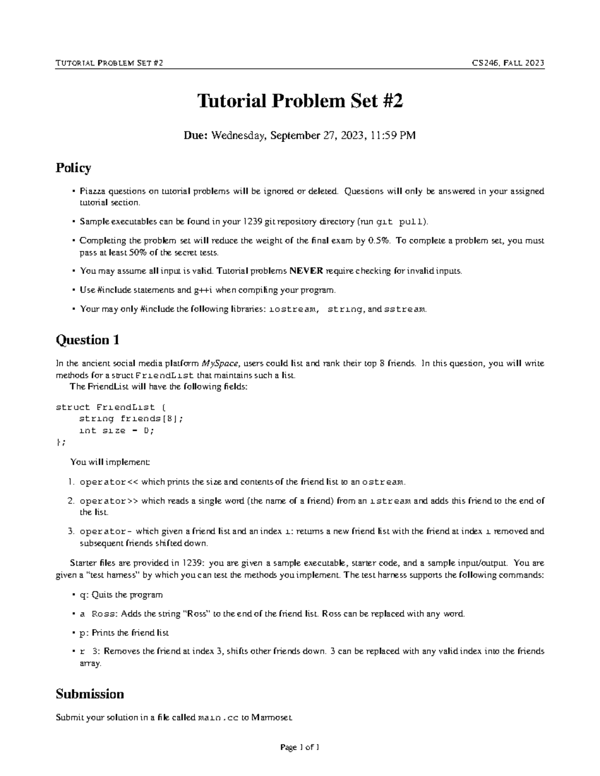 Tutorial 02 - awdawd - TUTORIAL PROBLEM SET #2 CS246, FALL 2023 Tutorial Problem Set Due ...