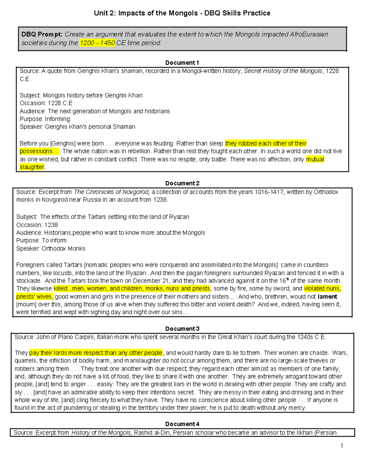 Unit 2 DBQ Practice - Mongol Docs - Unit 2: Impacts of the Mongols ...