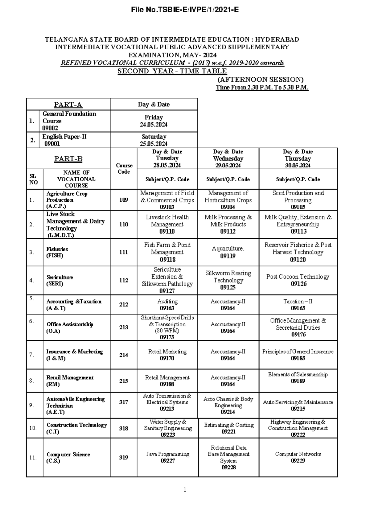 VOC Second YEAR Timetable- Ipase MAY 2024 - 1 TELANGANA STATE BOARD OF ...