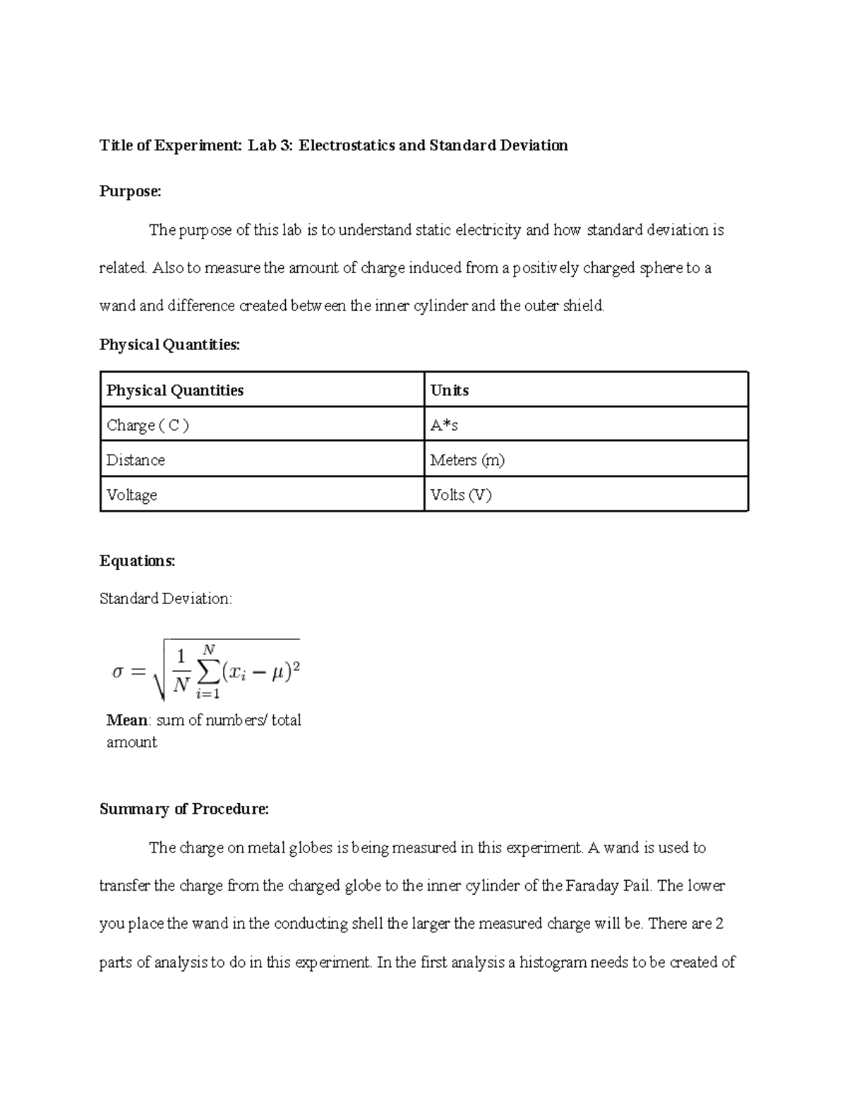 Electrostatics Prelab - Title of Experiment: Lab 3: Electrostatics and ...