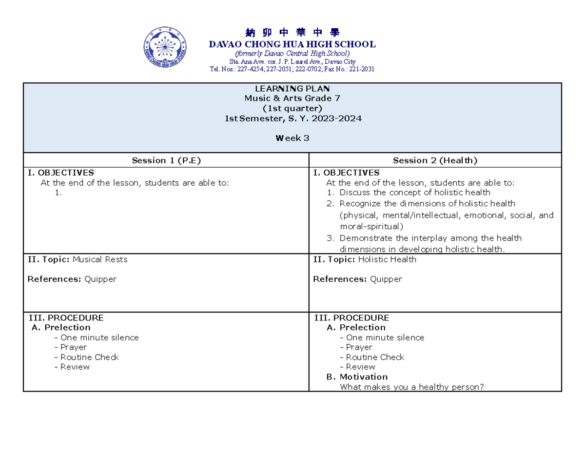 Grade 7 - week 3 - Health - LP for 1st Q - 納 卯 中 華 中 學 DAVAO CHONG HUA ...