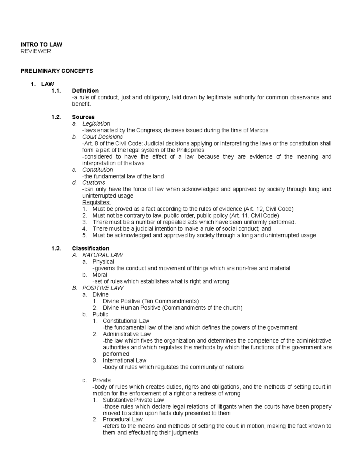 Intro TO LAW Reviewer - INTRO TO LAW REVIEWER PRELIMINARY CONCEPTS 1 ...