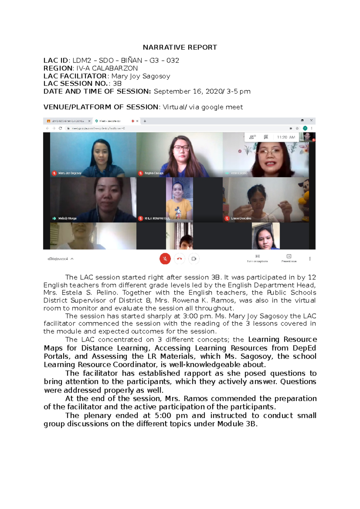 Narrative Report - NARRATIVE REPORT LAC ID : LDM2 – SDO – BIÑAN – G3 ...