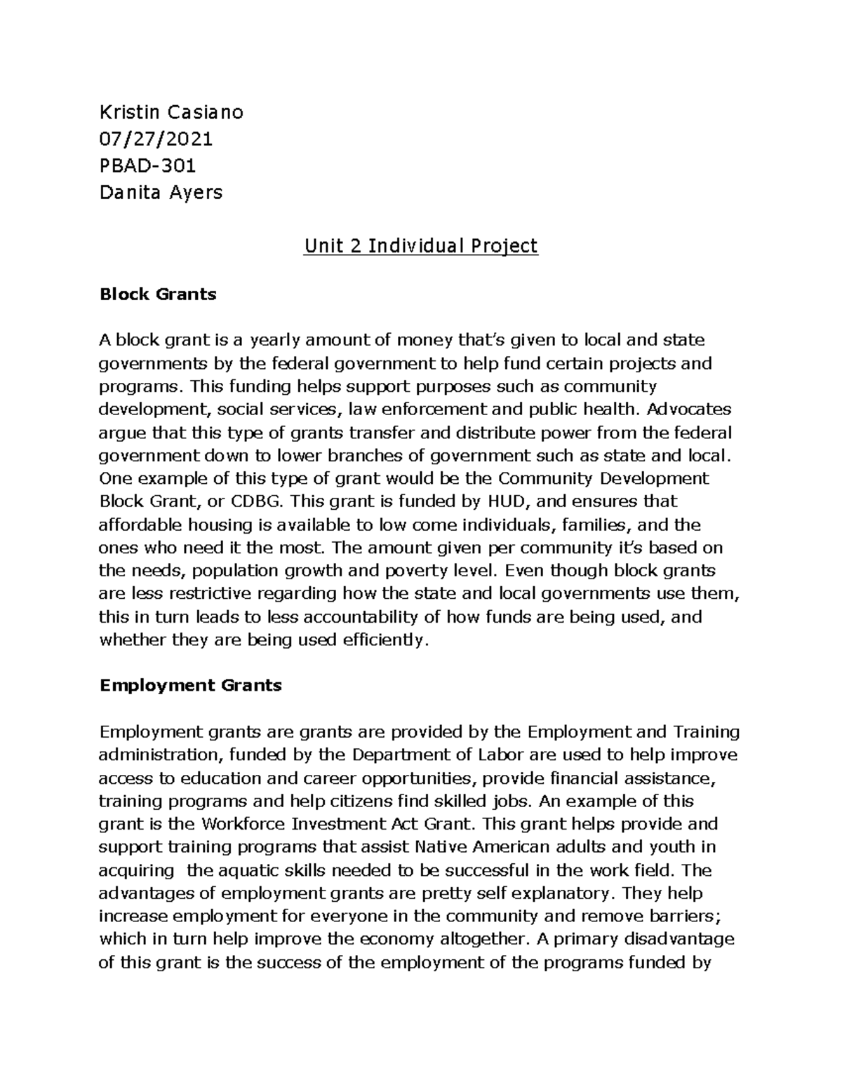 PBAD301 IP 2 - Grant Writing Basics Unit 2 Project for PBAD-301 ...