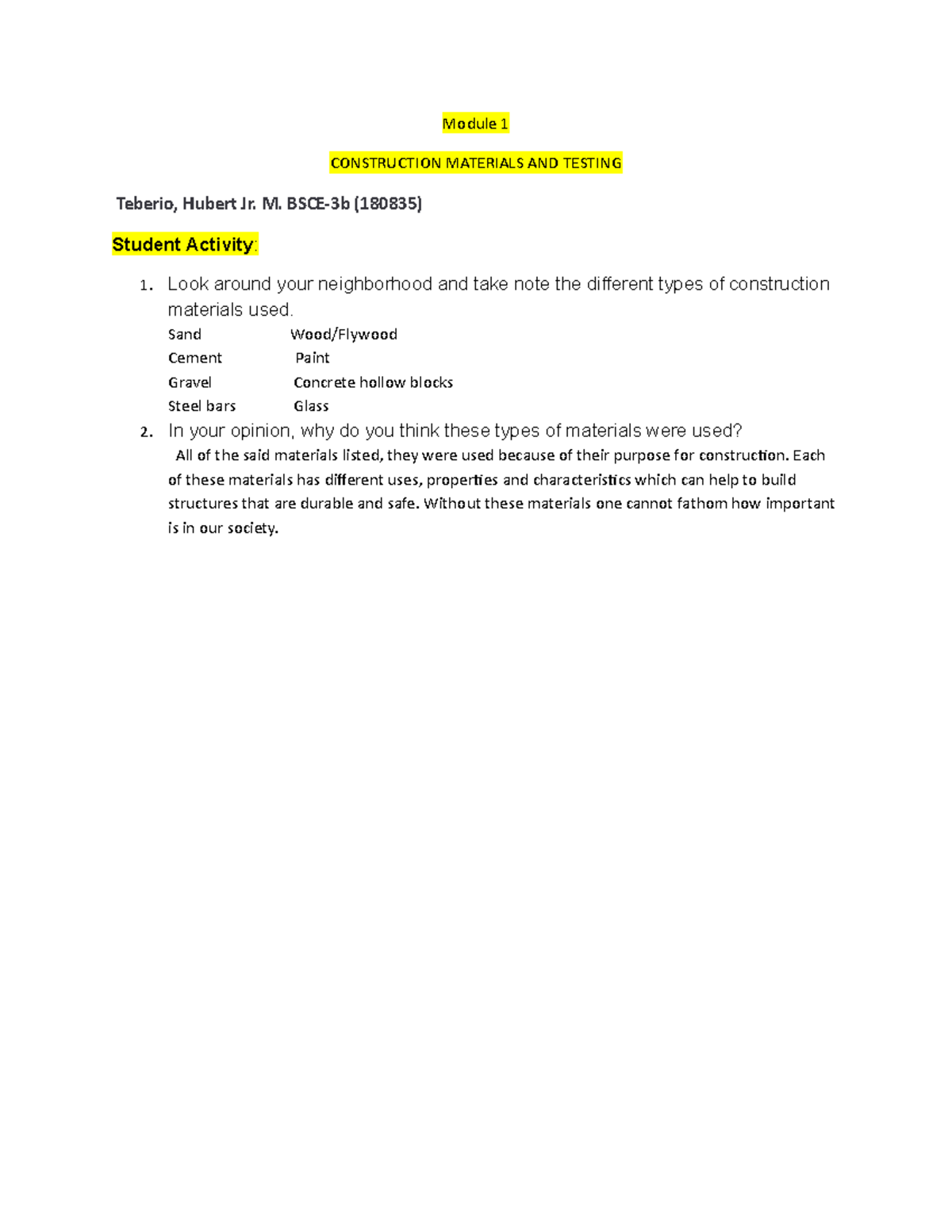 Construction and Materials Testing Activity 1 - Module 1 CONSTRUCTION ...