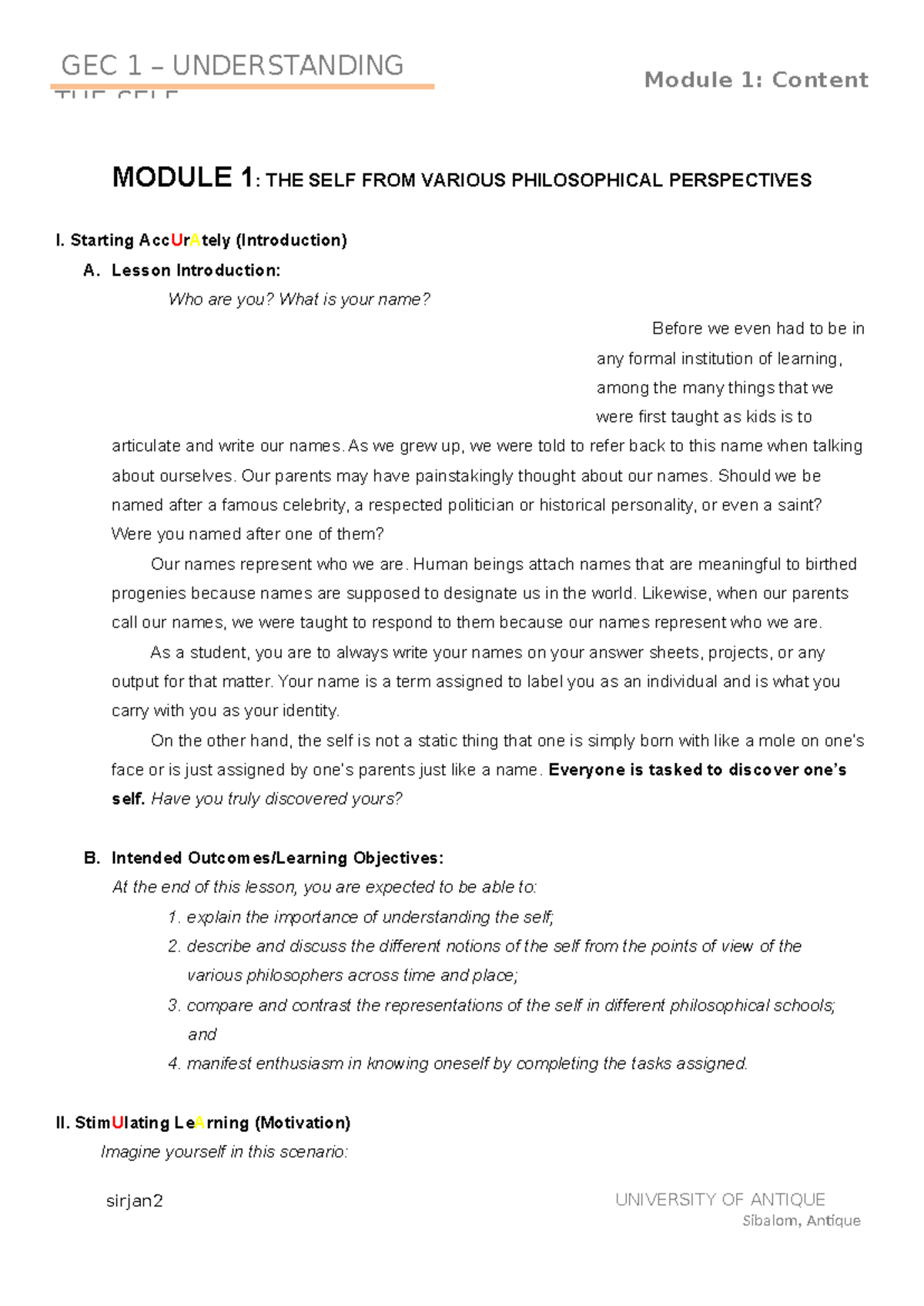 Module-1 - Module 1: Content THE SELF sirjan MODULE 1: THE SELF FROM VARIOUS PHILOSOPHICAL - Studocu