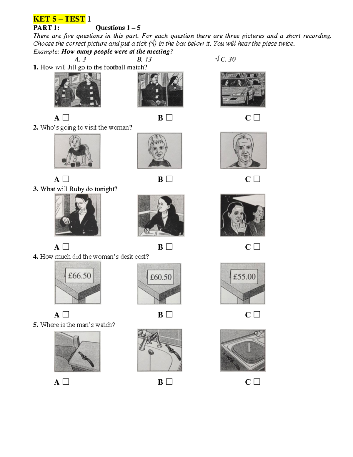 TA1- Listening Practice Tests 1 - KET 5 – TEST 1 PART 1: Questions 1 ...