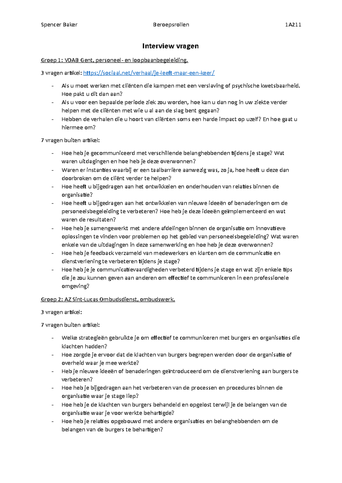 Interview vragen - Spencer Baker Beroepsrollen 1A Interview vragen ...