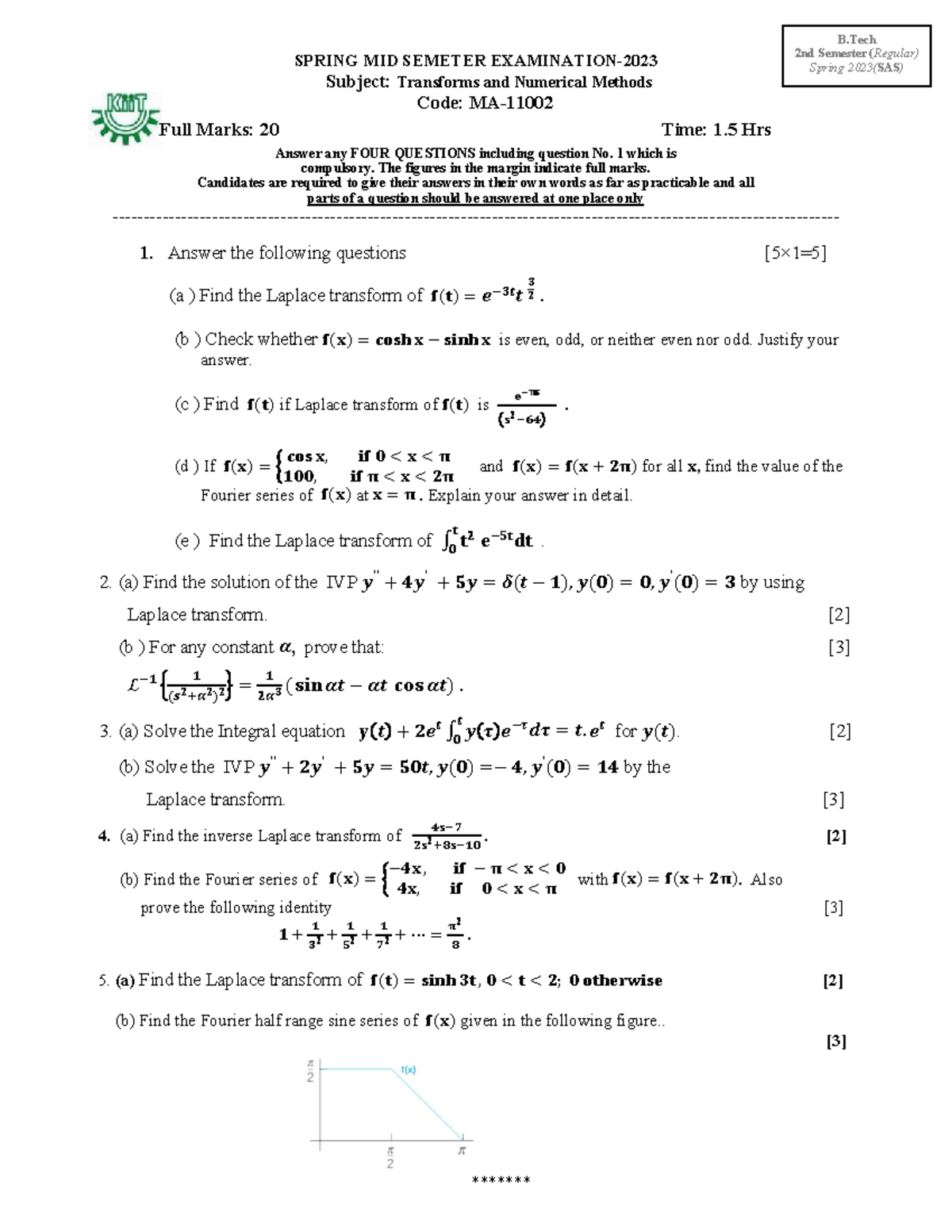 Mid sem q-paper-2023 - This is the mid semester question paper - SPRING MID SEMETER EXAMINATION ...
