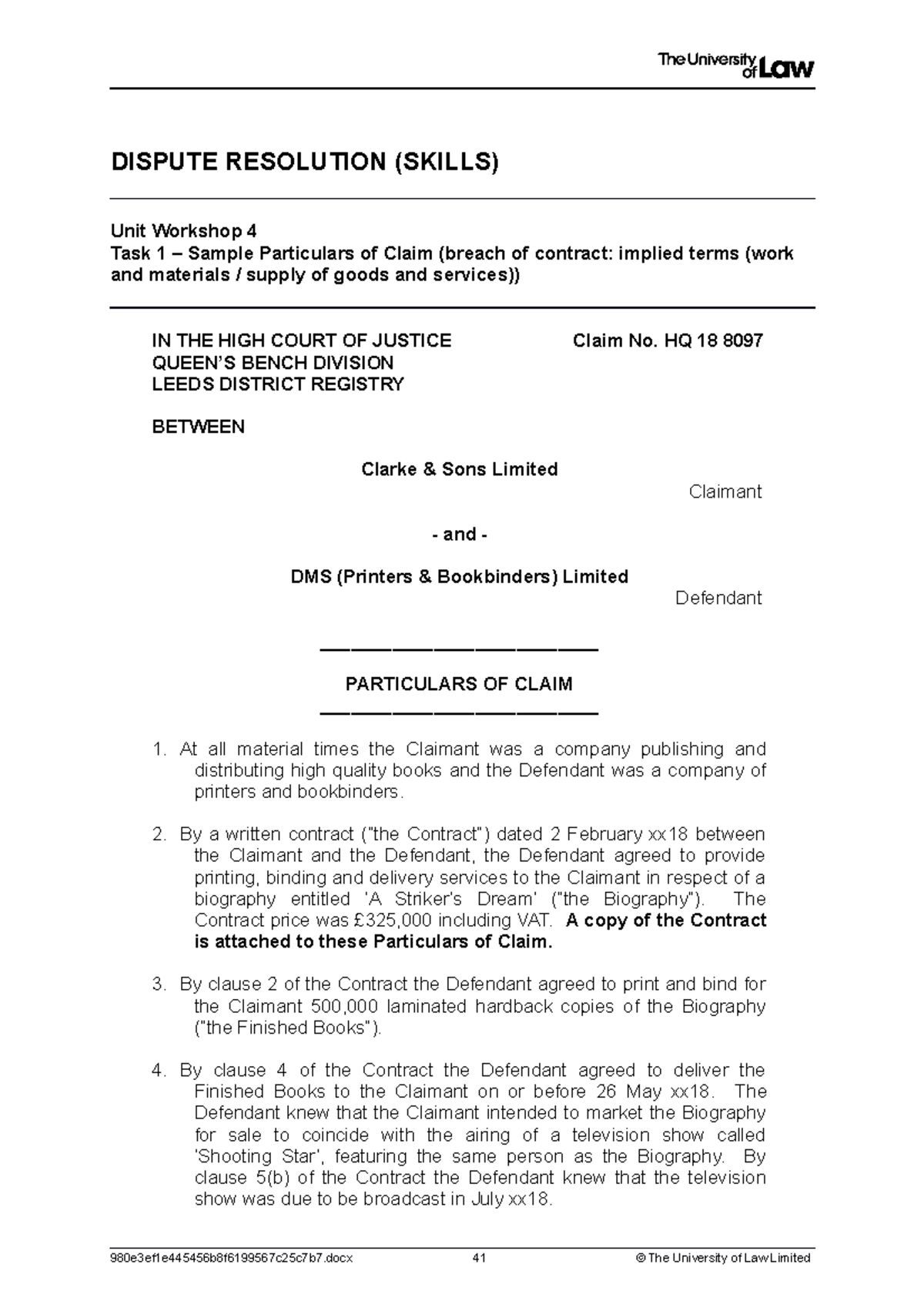 Exemplar - Particulars of Claim - DISPUTE RESOLUTION (SKILLS) Unit ...