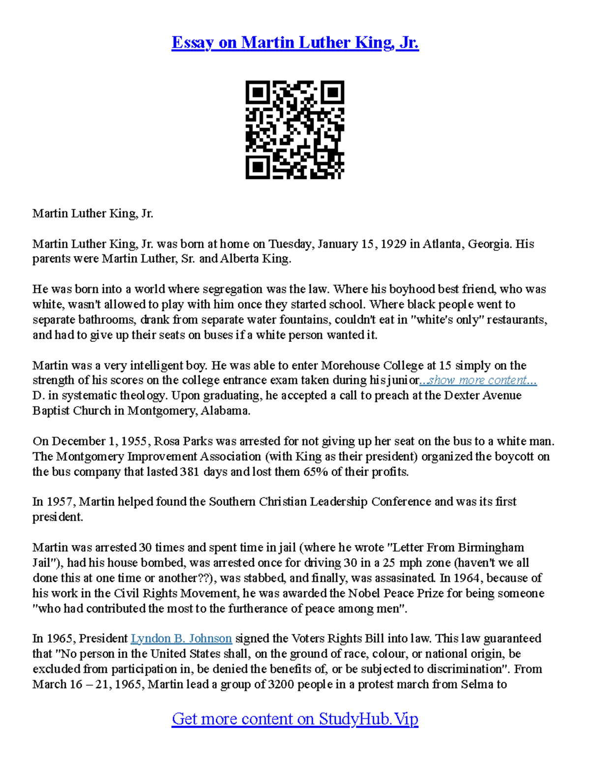 Martin Luther King Jr Biography Essay - Essay on Martin Luther King, Jr ...