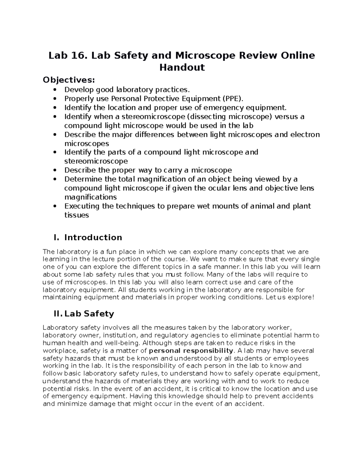 Spring Online Lab 16. Lab Safety and Microscopy OER - Lab 16. Lab Safety and Microscope Review ...