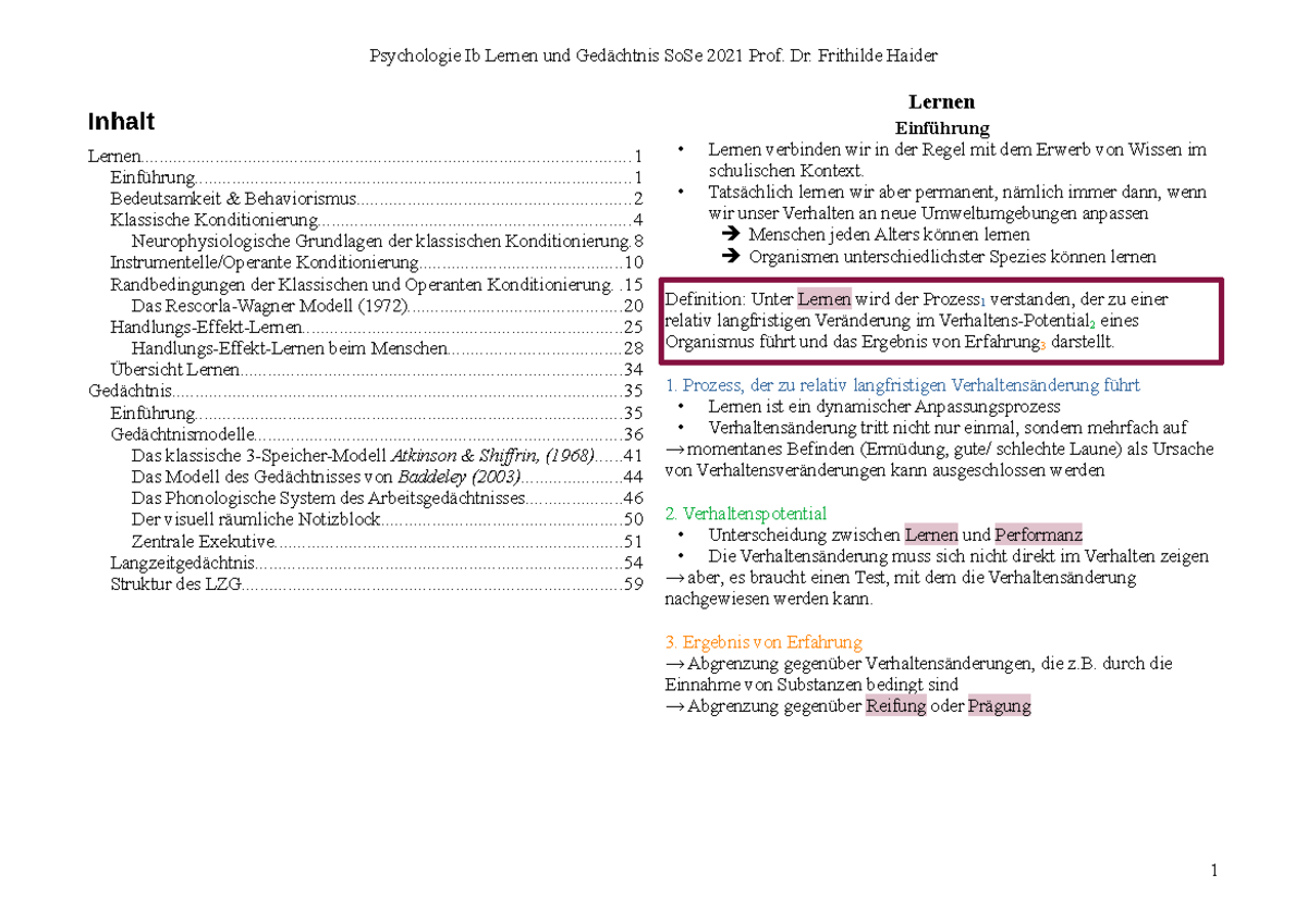 Zusammenfassung Psychologie Ib Lernen und Gedächtnis - Inhalt - Studocu