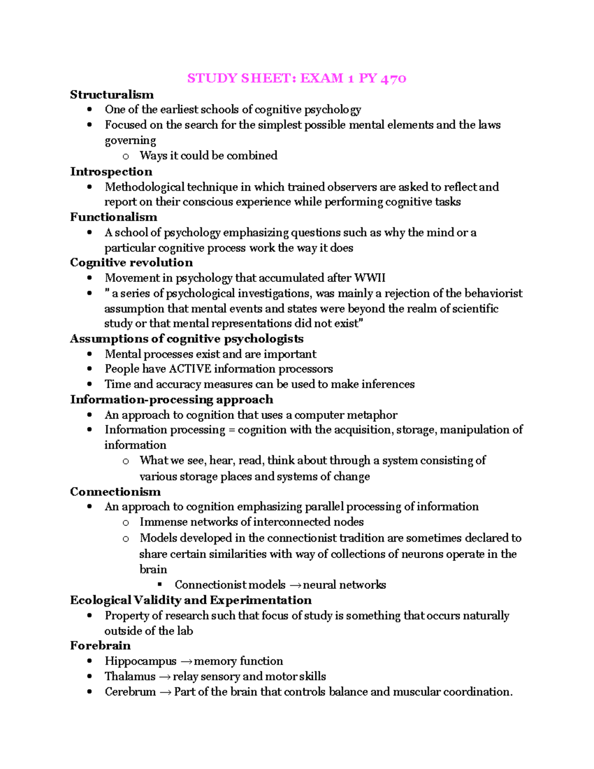 Study Sheet- Exam 1 - notes for exam - STUDY SHEET: EXAM 1 PY 470 ...