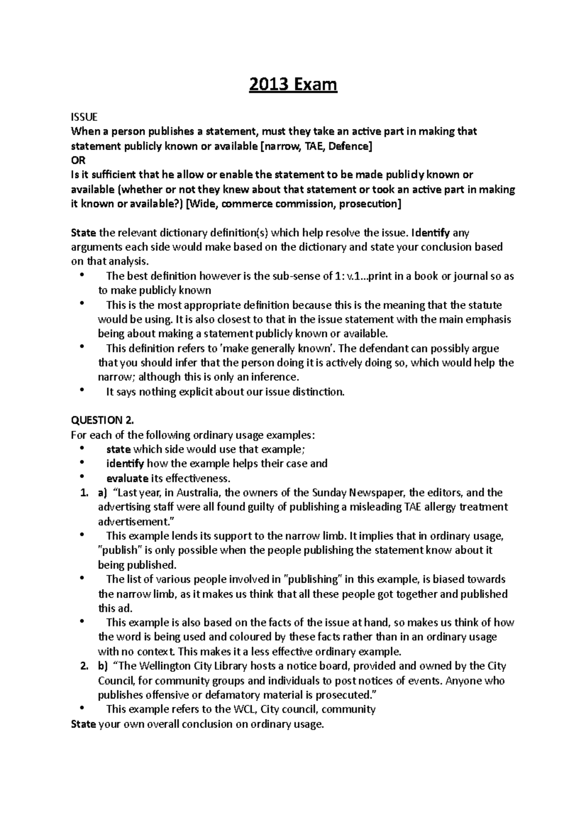 Exam 2013, questions and answers - 2013 Exam ISSUE When a person ...