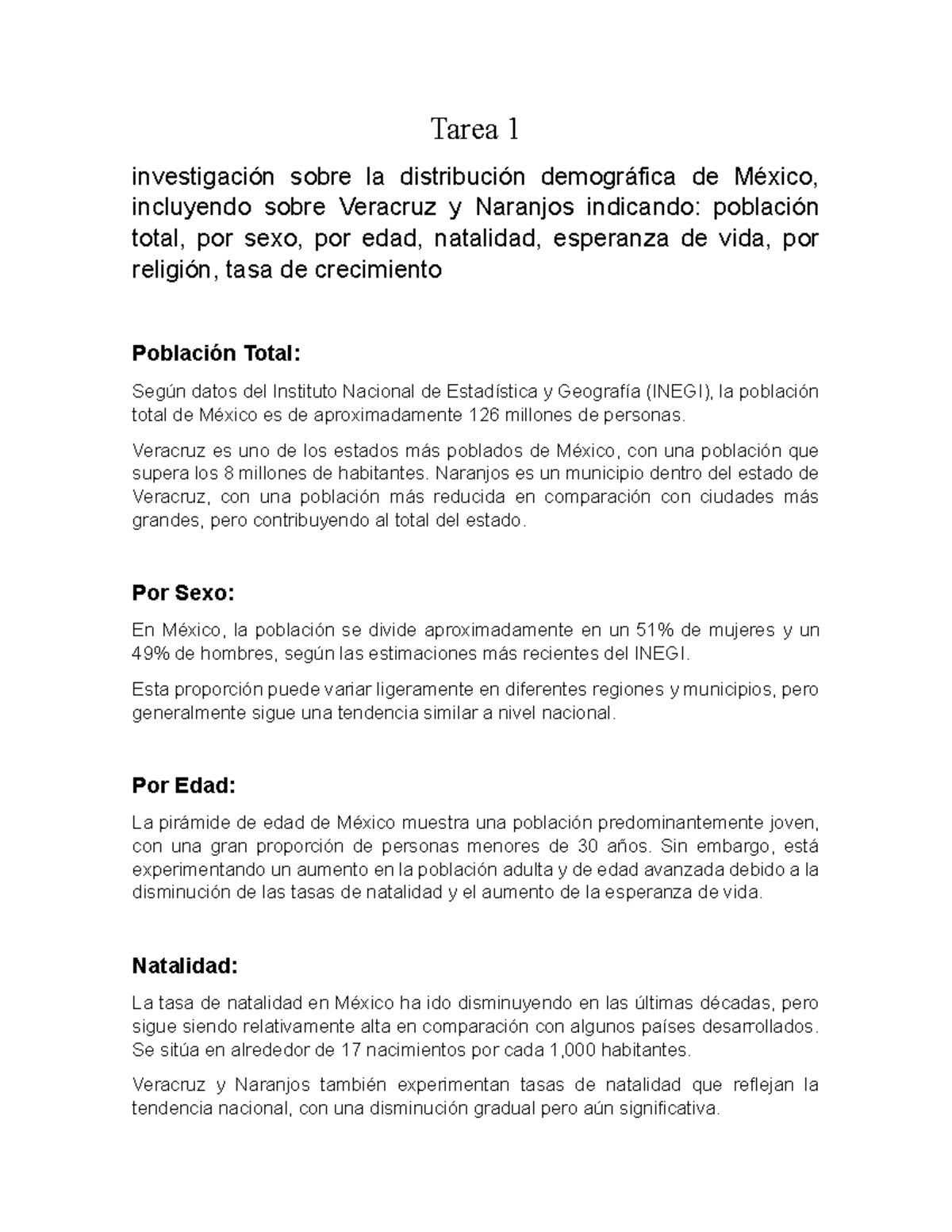 Tarea 1 - uwu - Tarea 1 investigación sobre la distribución demográfica de México, incluyendo ...