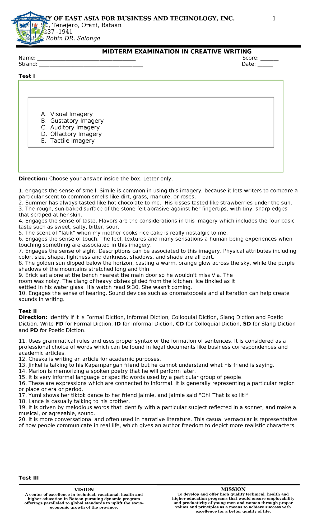 Midterm Exam in Creative Writing - MISSION To develop and offer high ...