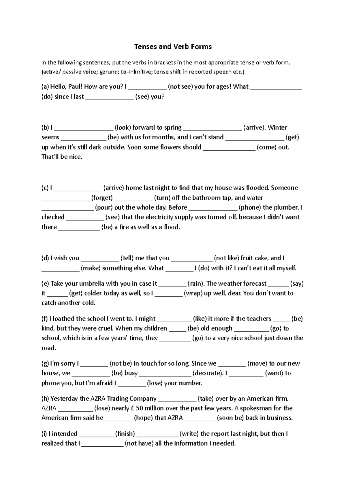Mixed Tenses Übung - Tenses and Verb Forms In the following sentences ...