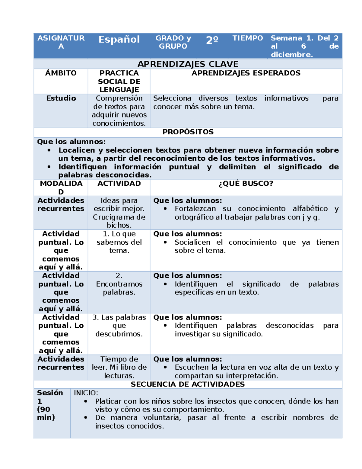 2do Grado Español (2019-2020) - ASIGNATUR A Español GRADO y GRUPO 2º ...